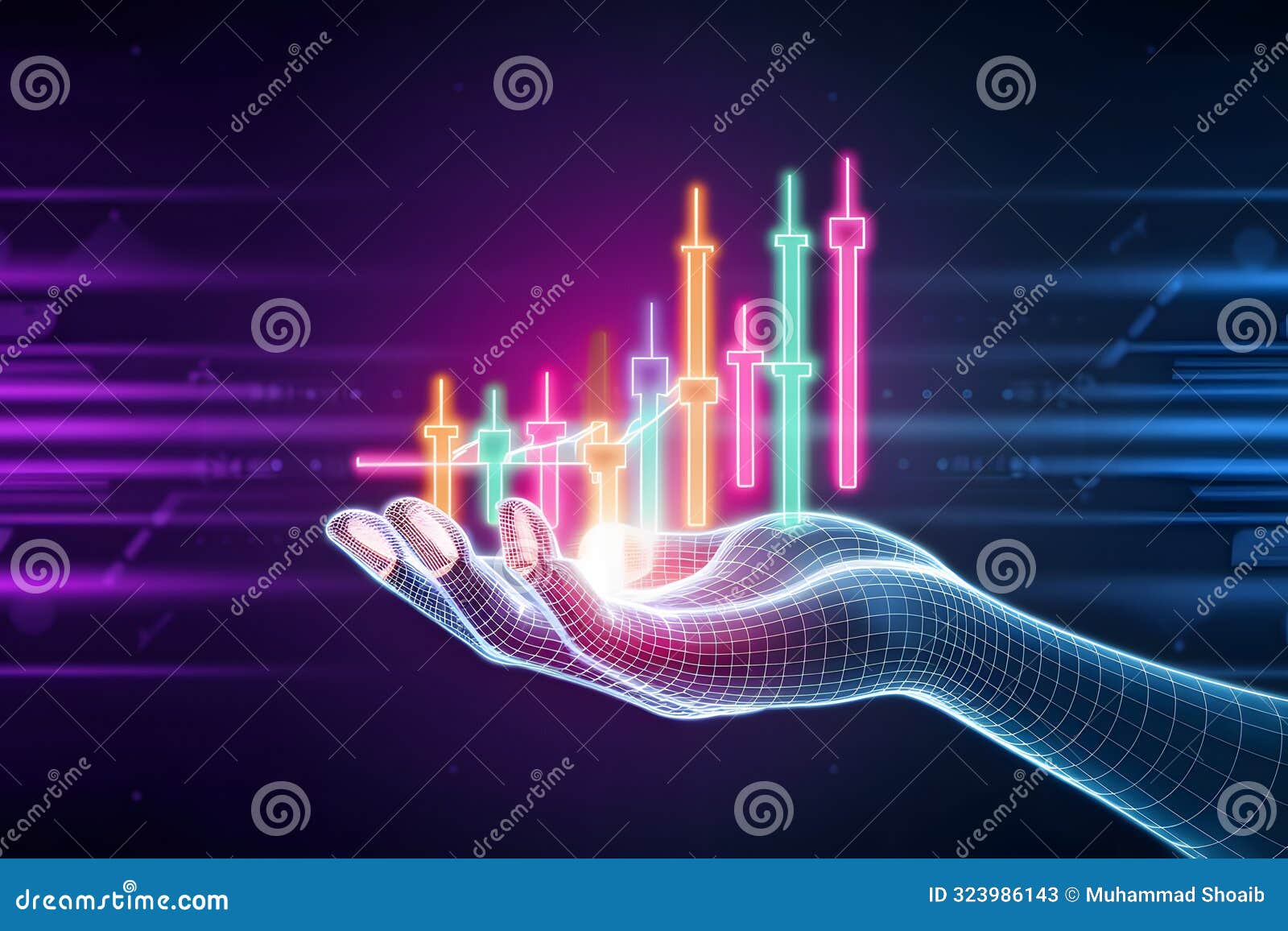 Artistic Representation Wireframe Hand Holding Neon Candlestick Chart ...