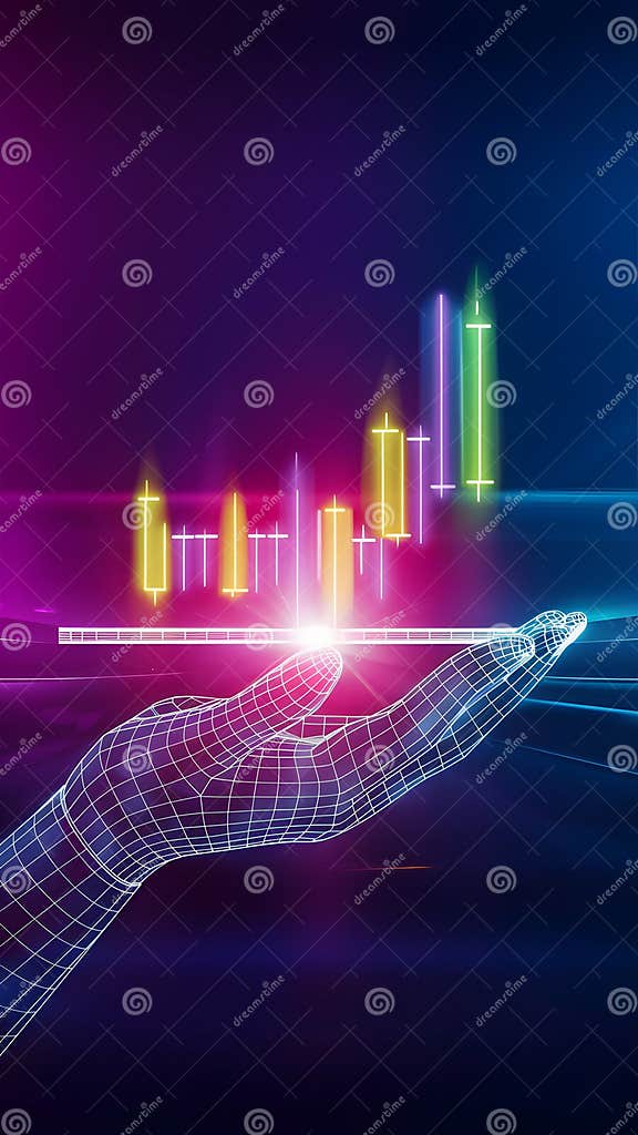 Artistic Representation Wireframe Hand Holding Neon Candlestick Chart ...