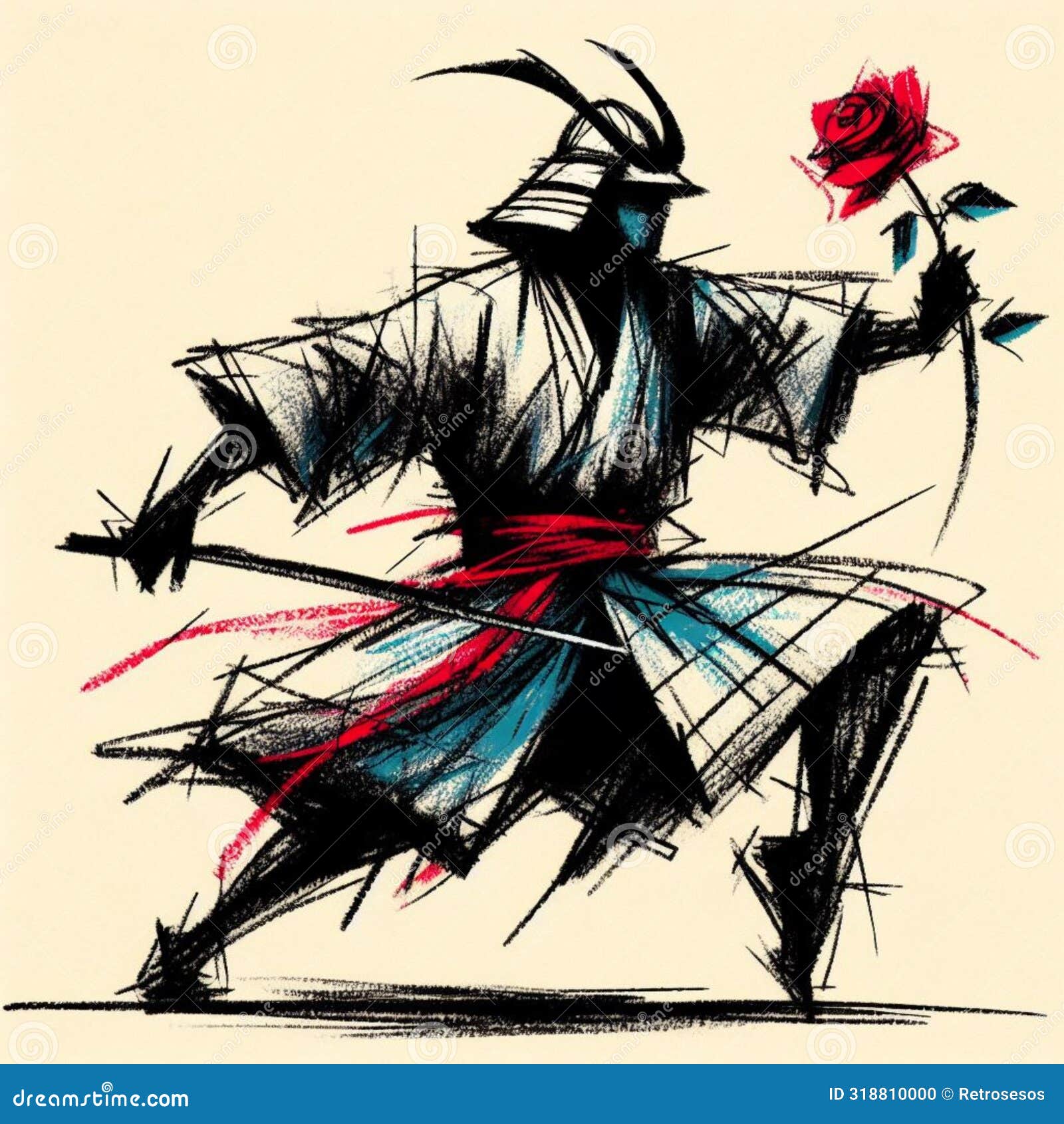 Artistic Sketch of a Samurai in Motion, Holding a Rose, with Dynamic ...