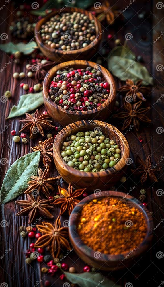Artistic Spice Palette with Array of Spices in Small Bowls for Creative ...