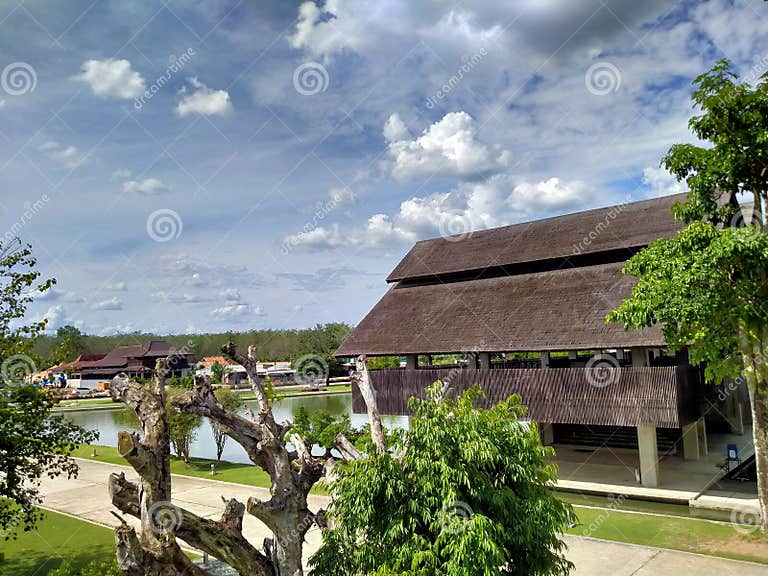 An Artistic Structure Coupled with Trees and Fish Pools Stock Photo ...