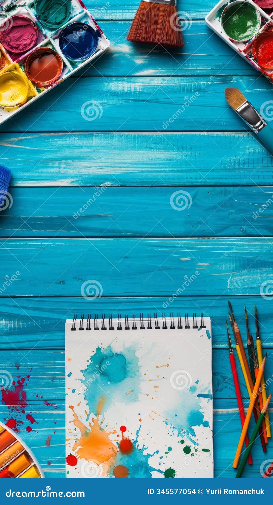 Artistic Top Down View of a Creative Work Desk with Brushes, Palette ...