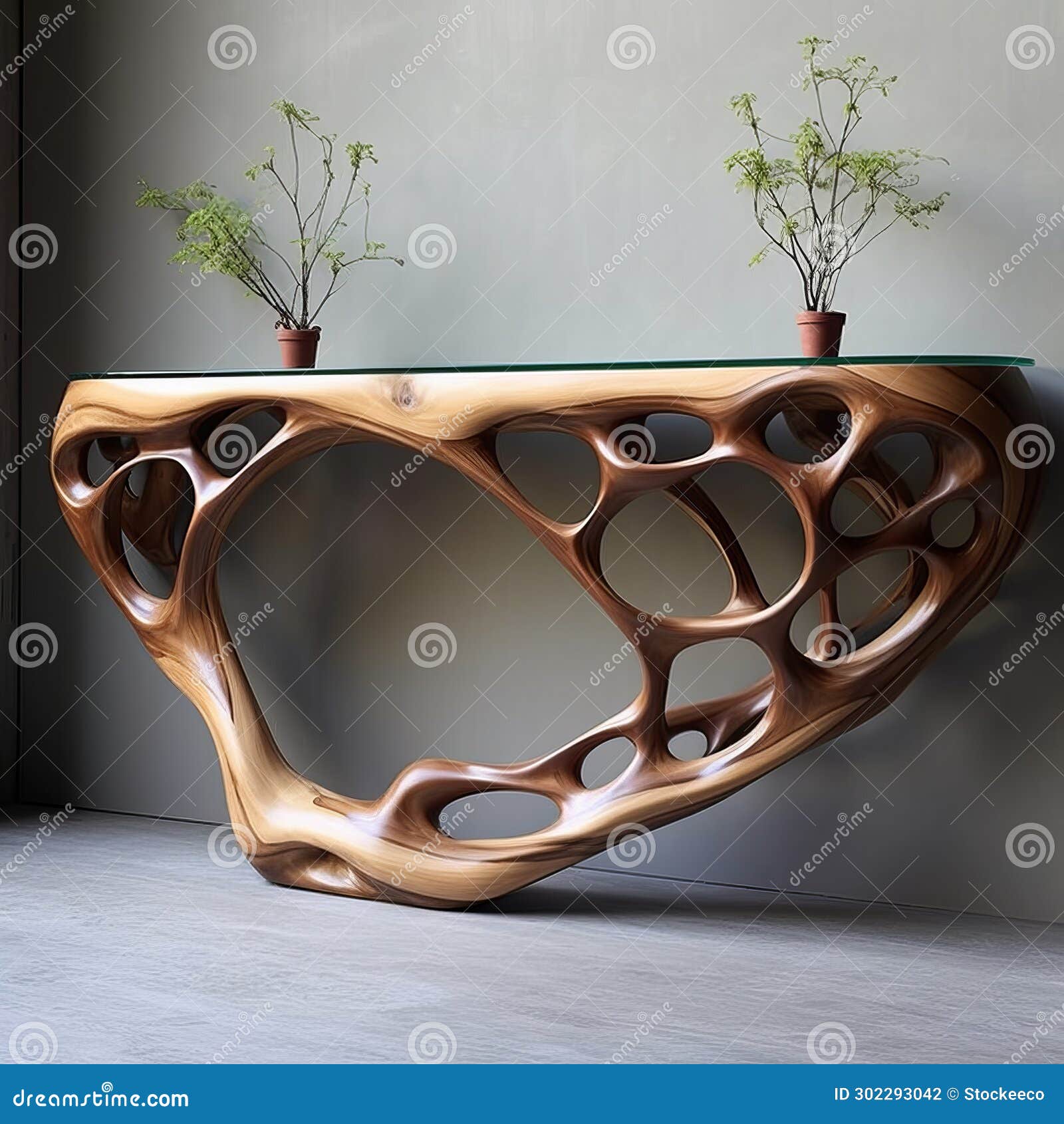 Artistic Wood and Plant Console Table with Infinity Nets Style Stock ...