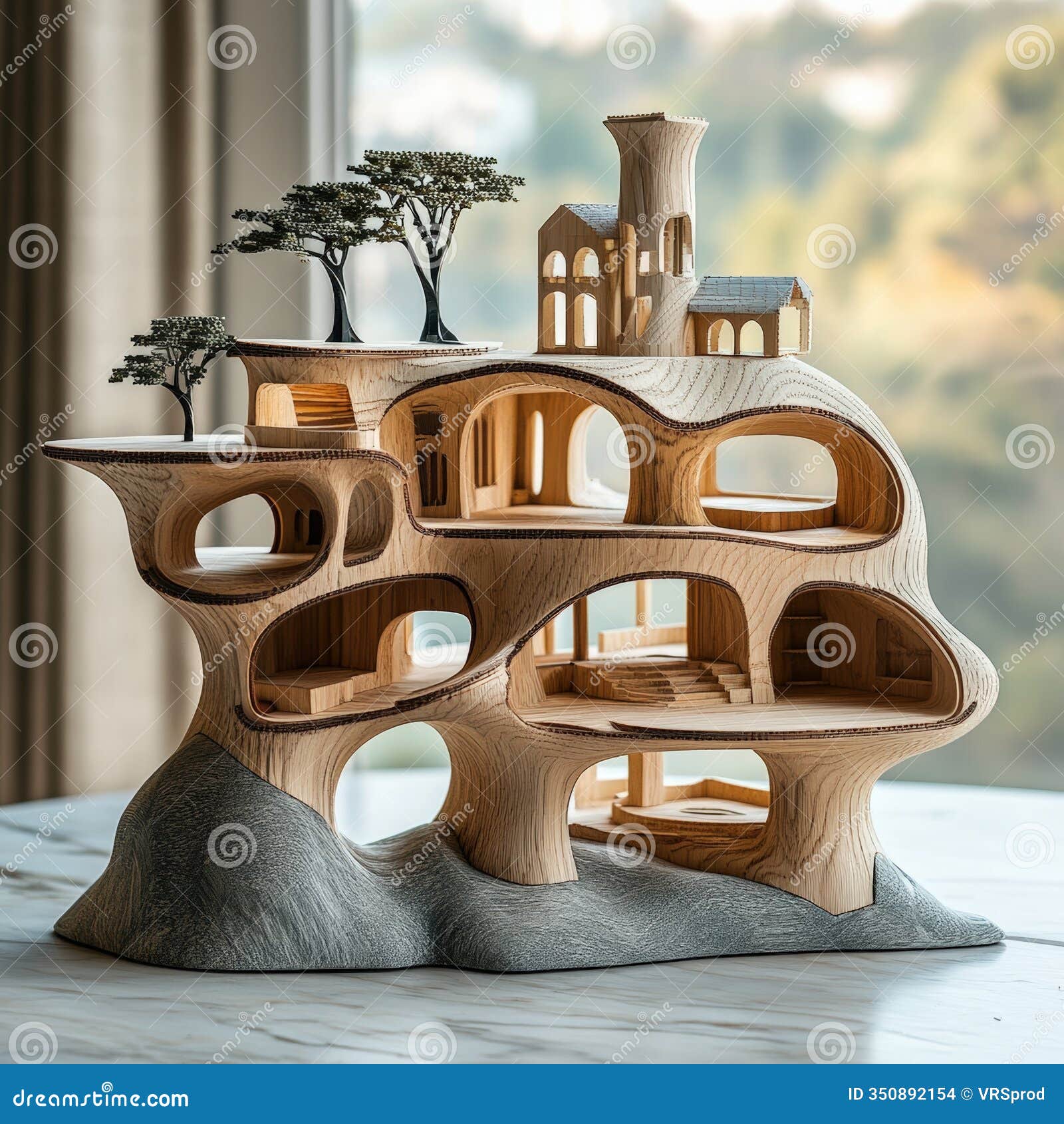 Artistic Wooden Architectural Model with Tree Elements Stock Photo ...