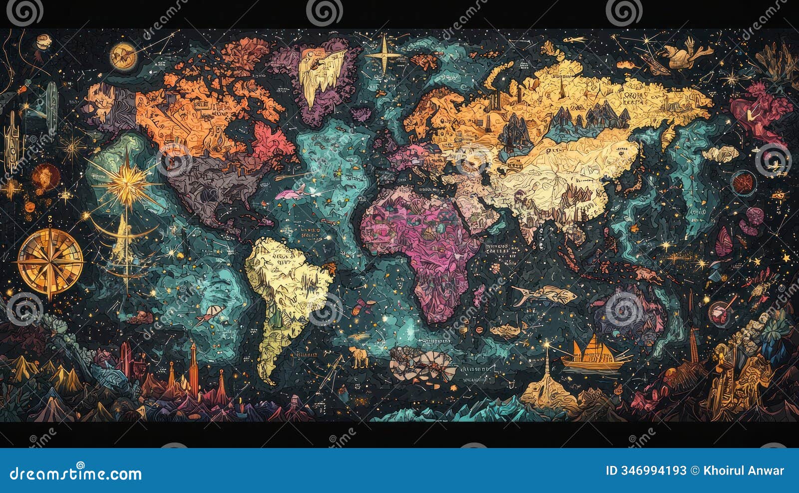 Artistic World Map with Constellations Animals Celestial Imagery ...