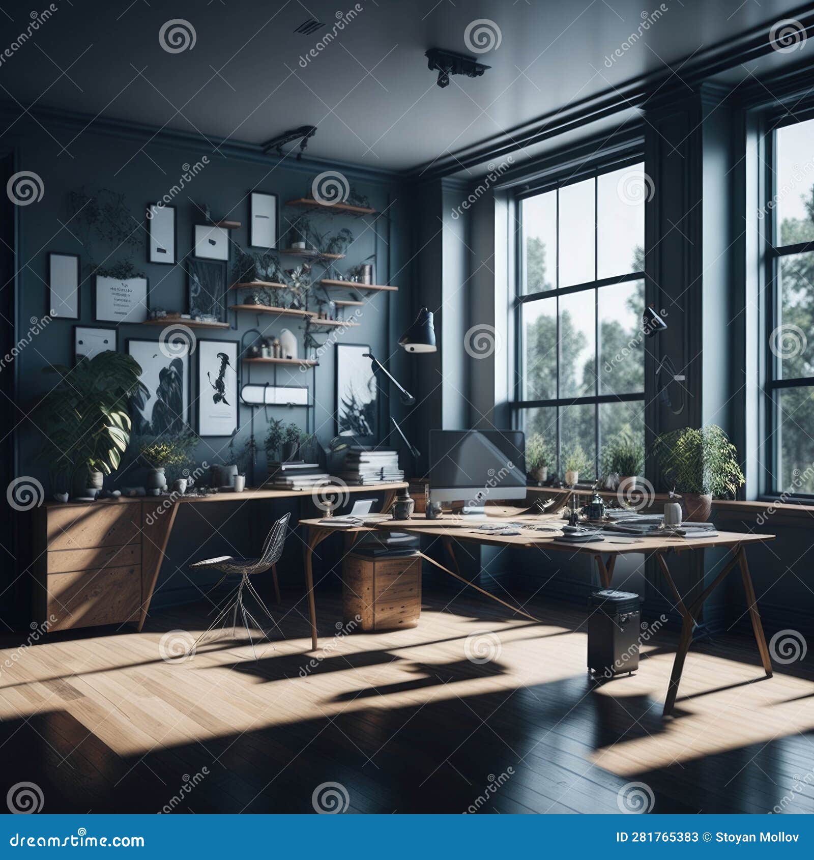 Artistical Workspace Office Building Interior Dark Colors Large