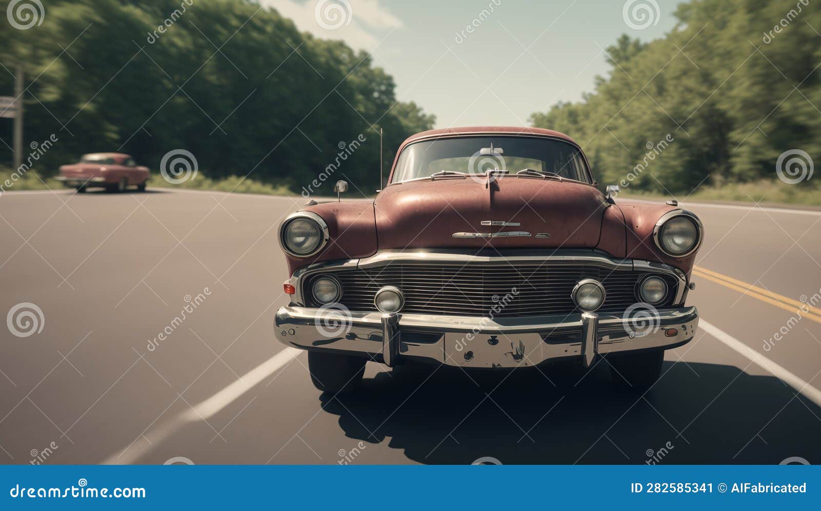 An Artistically Interpretive Photograph Of A Classic Car Driving Down A ...