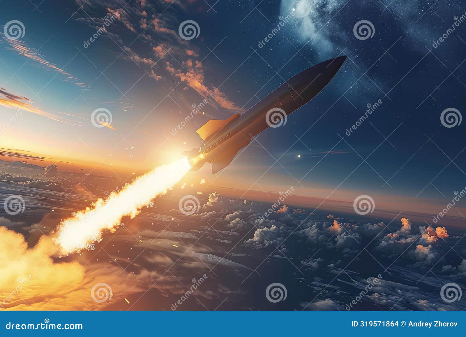 An Artists Rendering of a Rocket Launching High into the Sky with ...