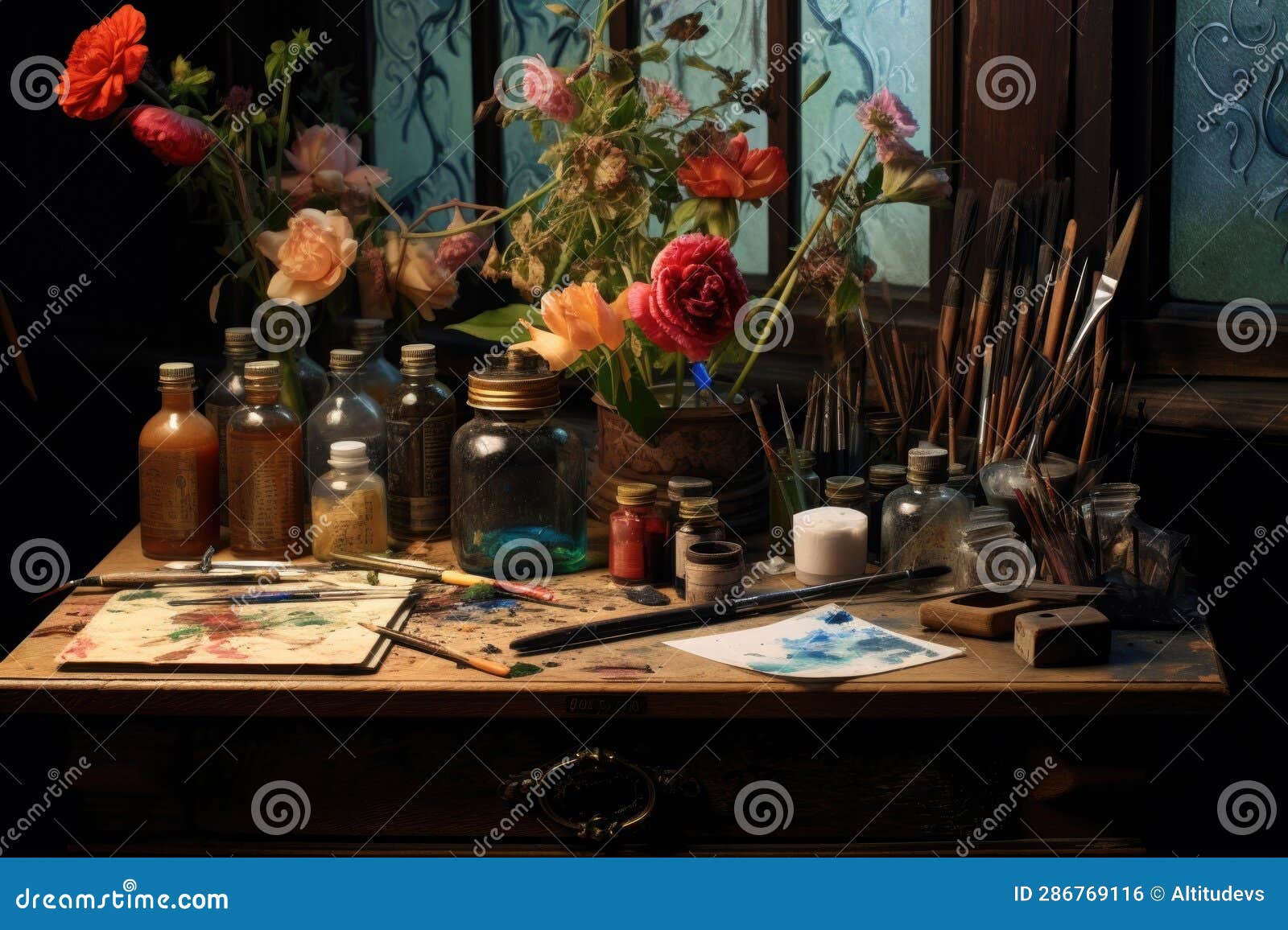 Artists Table with Calligraphy Tools and Ink Stock Photo - Image of ...
