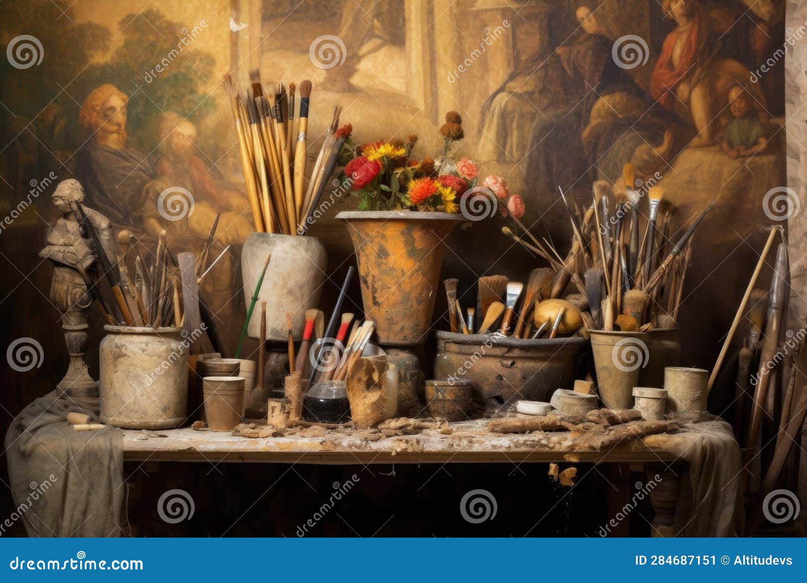 Artists Tools and Brushes Near an Ancient Painting Stock Image - Image ...