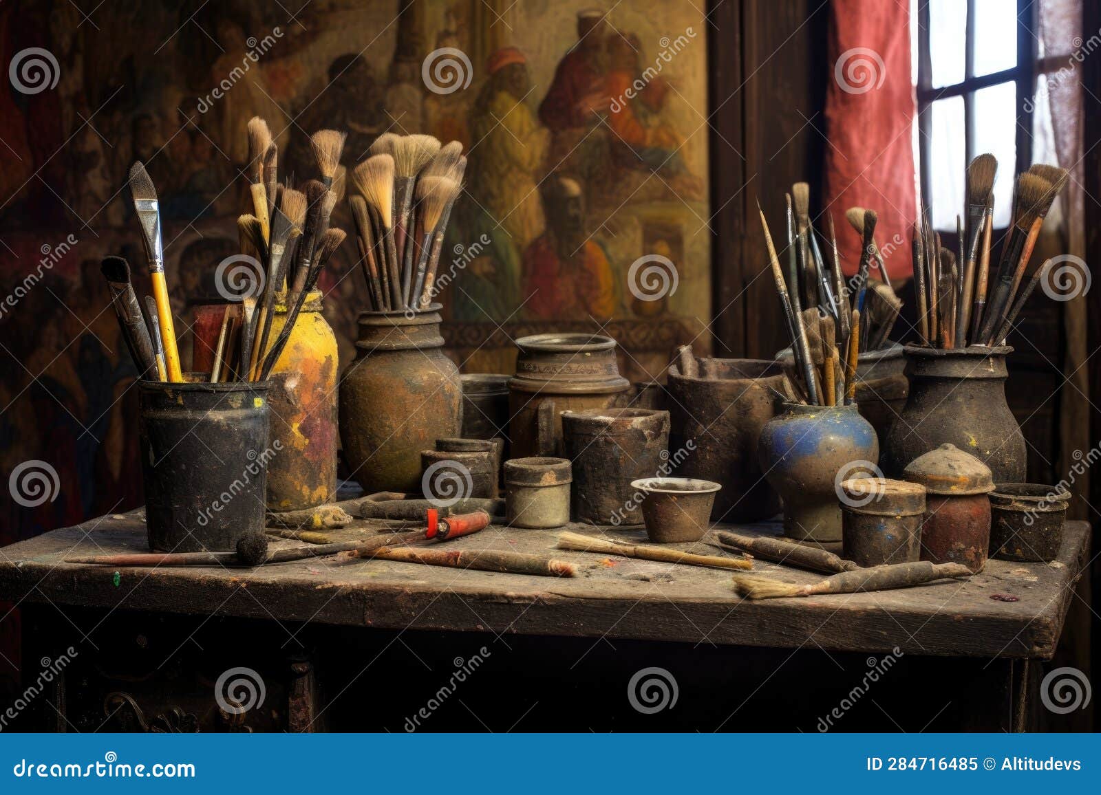 Artists Tools and Brushes Near an Ancient Painting Stock Image - Image ...