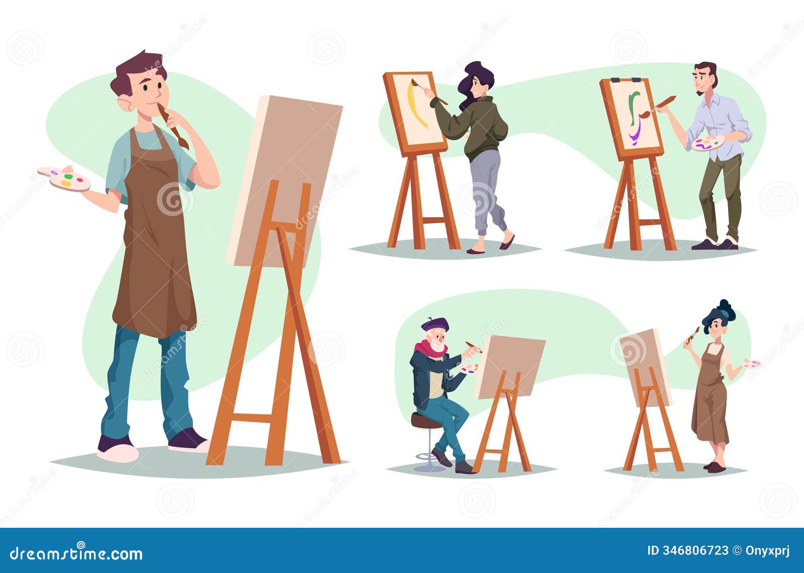 Artists Working. Painters Drawing Beautiful Paints Using Easel ...