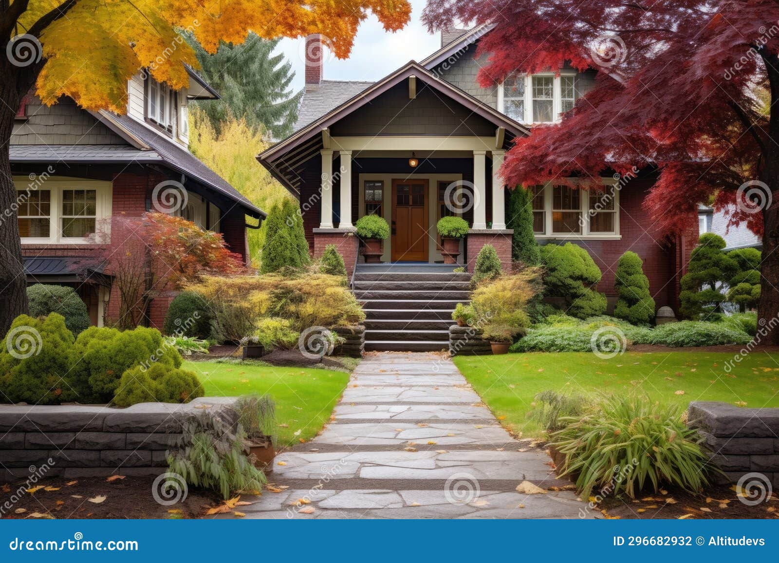 An Arts and Crafts Home with a Stone Path Entryway Stock Photo - Image ...