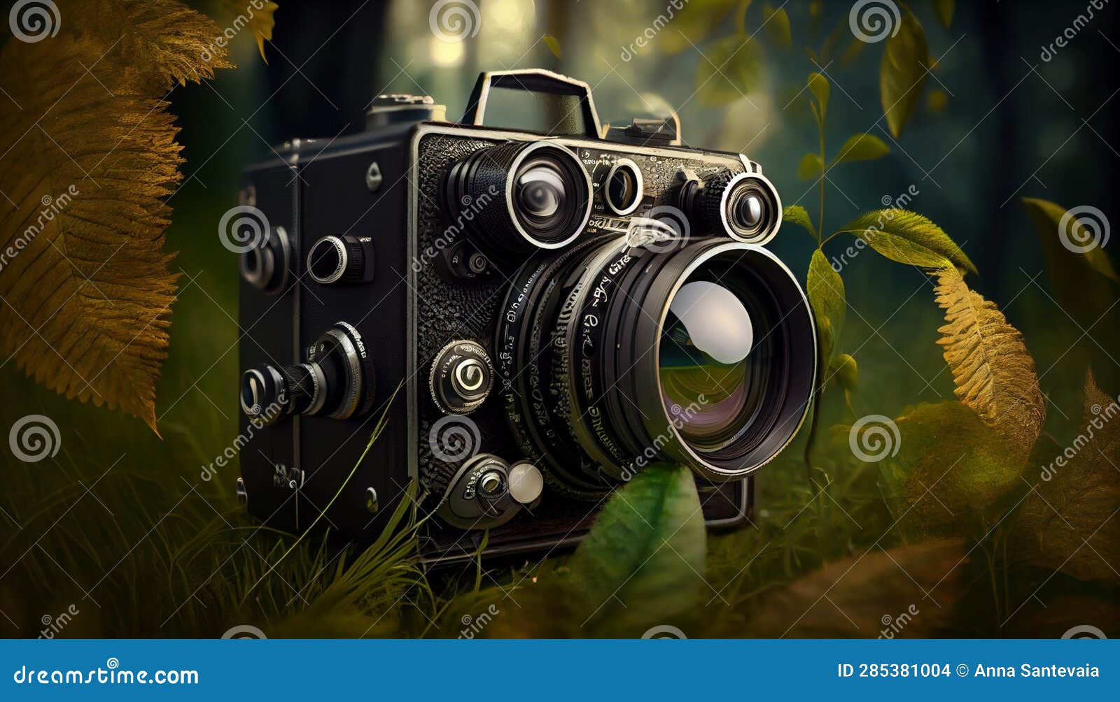 Retro Camera with Zoom Lens Reflection on Natural Background. Park ...