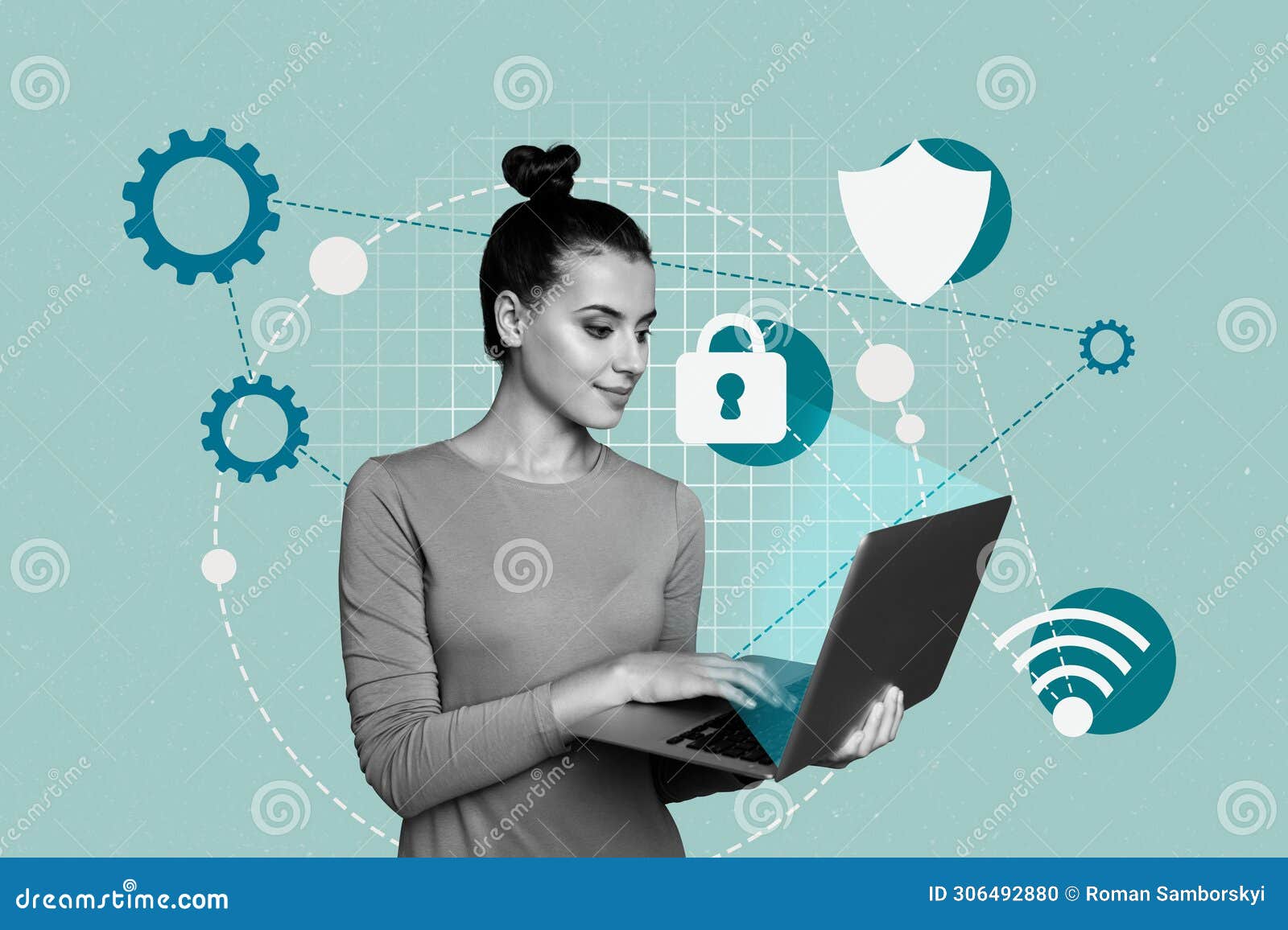 Artwork Collage of Confident Lady Programming Code Apple Samsung Modern ...