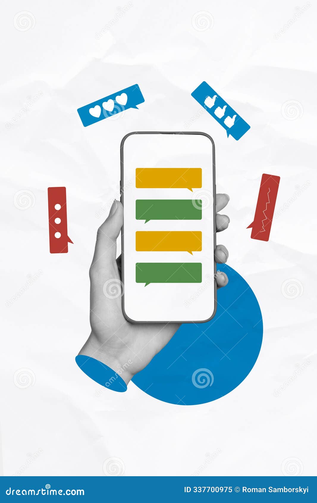 Artwork Collage Image of Arm Hold Modern Device Chat Dialogue ...