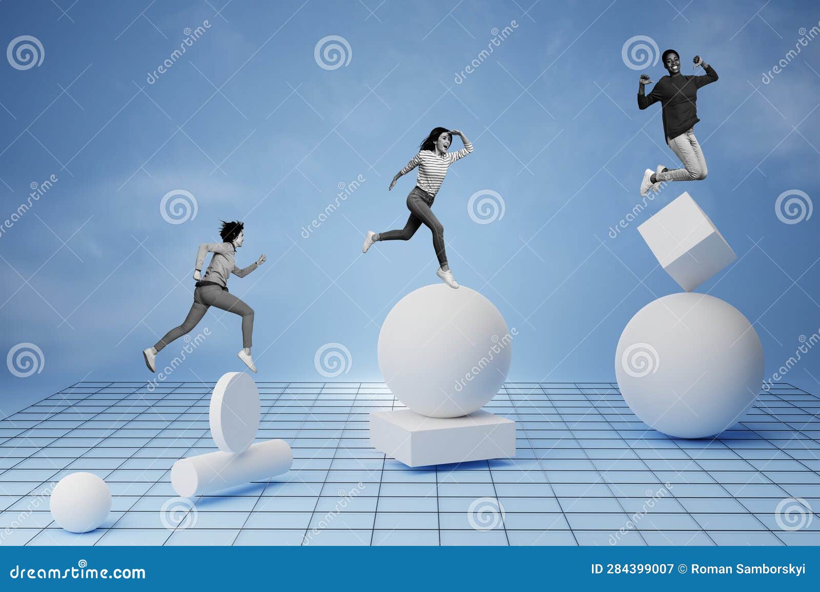 Artwork Collage Image of Excited Determined Black White Effect People ...