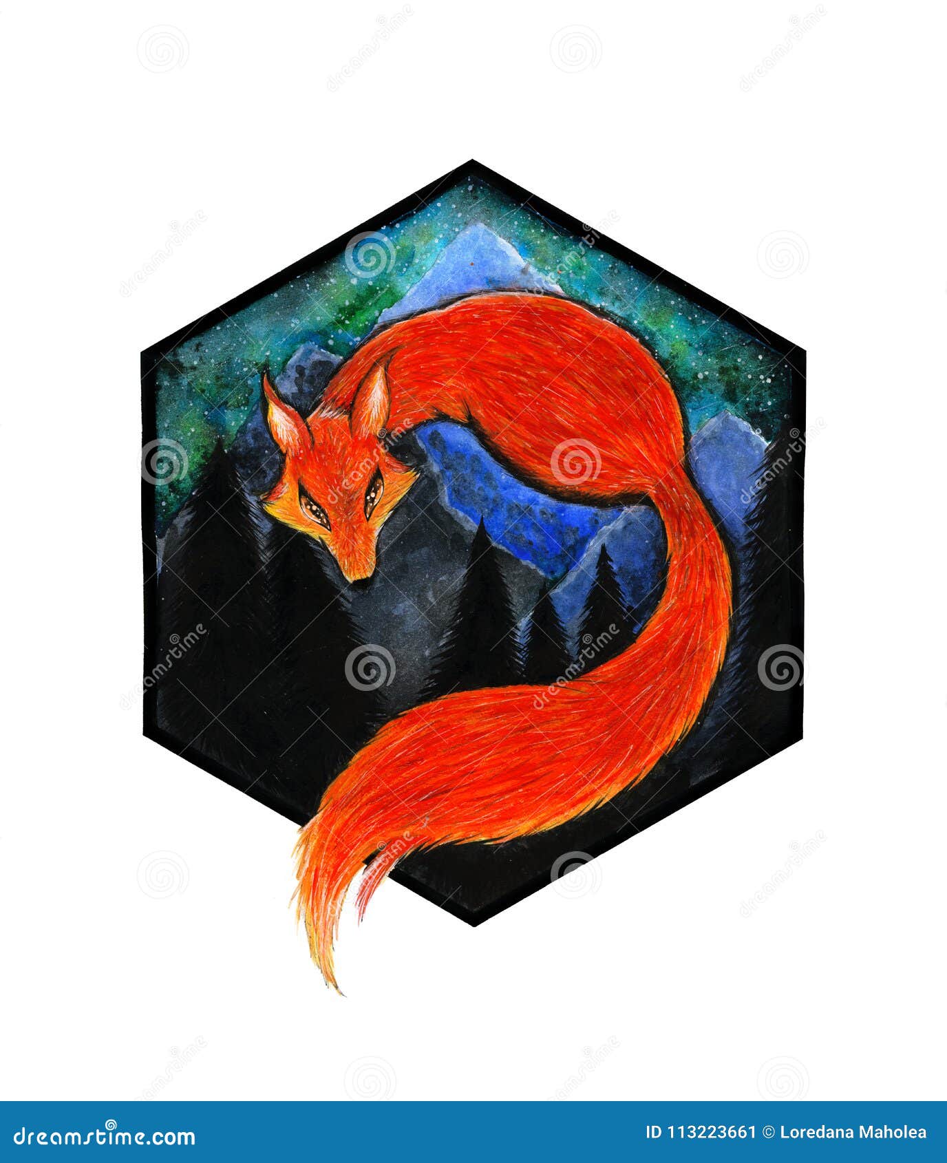 Fox on Hexagonal Shape with Forest and Mountains Background Stock ...