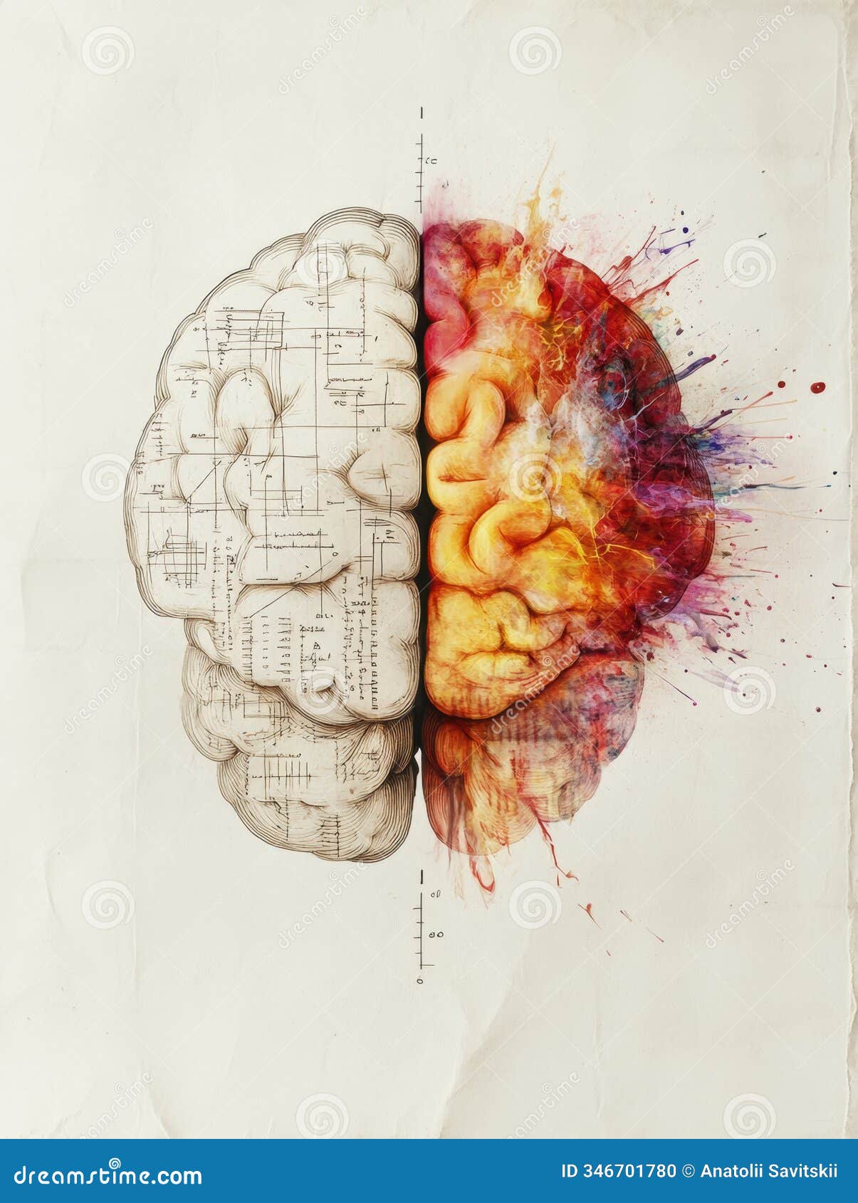 The Artwork Depicts a Brain Split into Two Halves, Showcasing a Vivid ...