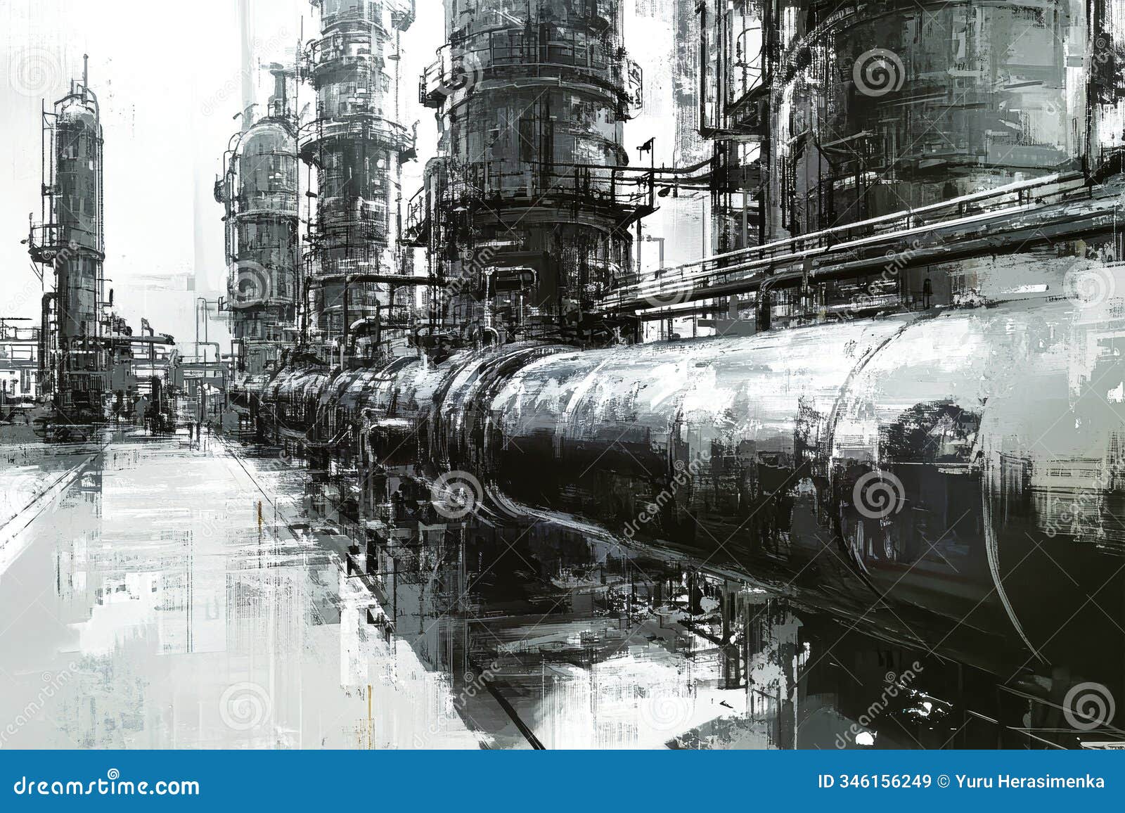A Detailed Digital Painting of an Industrial Oil Refinery Showcasing ...