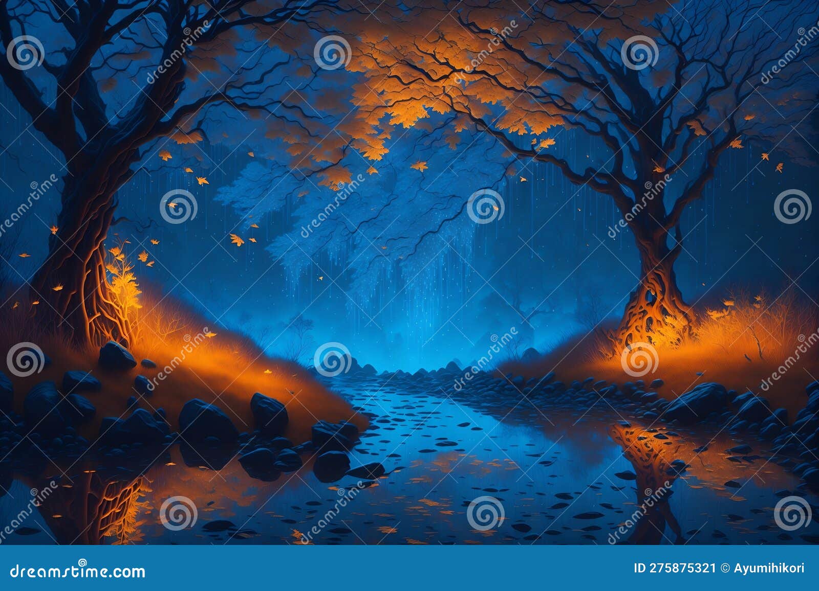 Magical Rain and Glowing Bioluminescent Maple Tree in the Enchanted ...