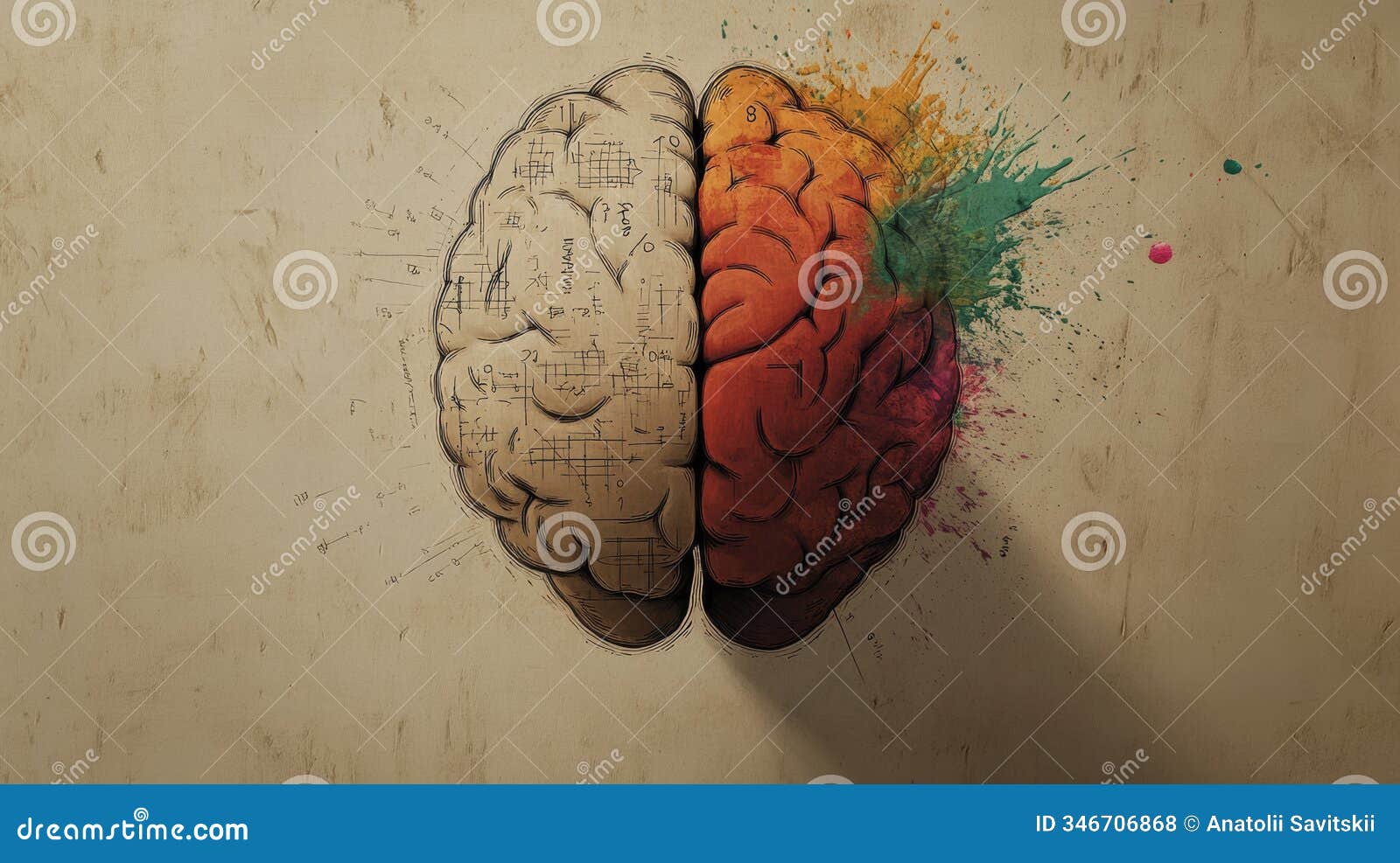 The Artwork Displays a Brain Divided into Left and Right Hemispheres ...