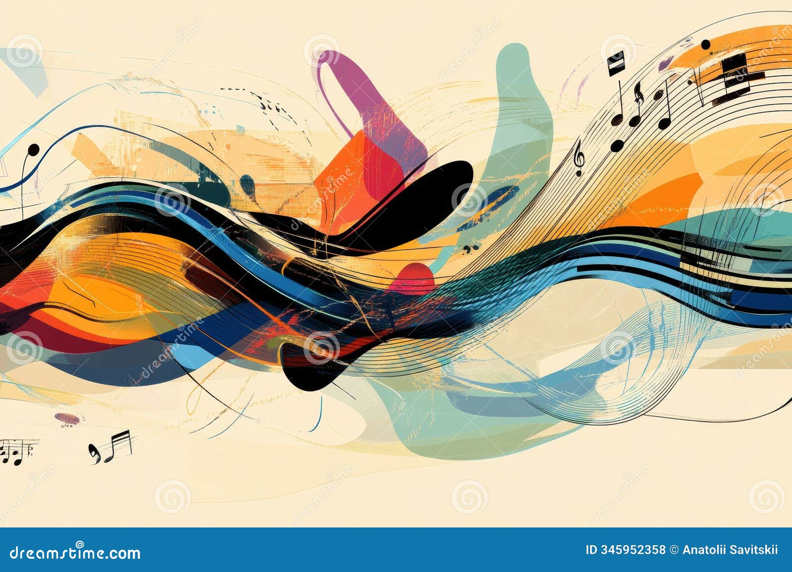 This Artwork Features a Dynamic Interplay of Sound Waves and Musical ...