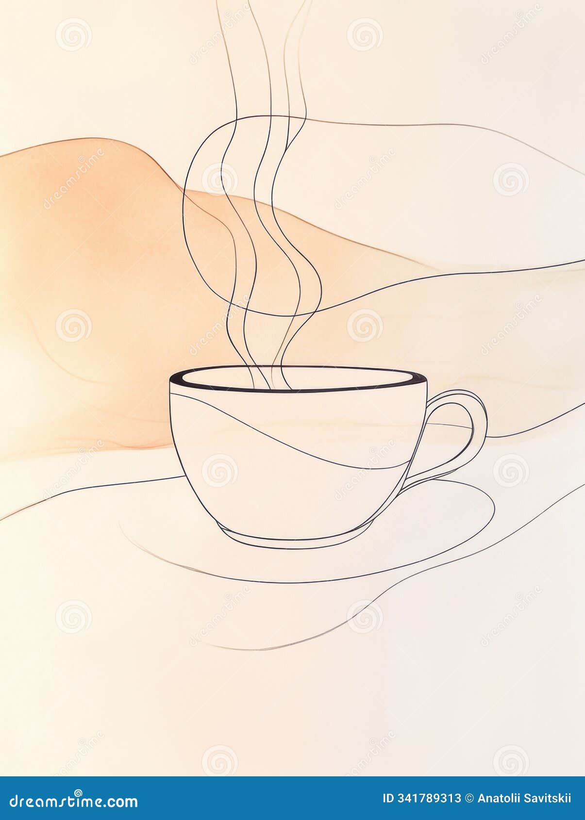 This Artwork Features a Simple Line Drawing of a Tea Cup Emitting Soft ...
