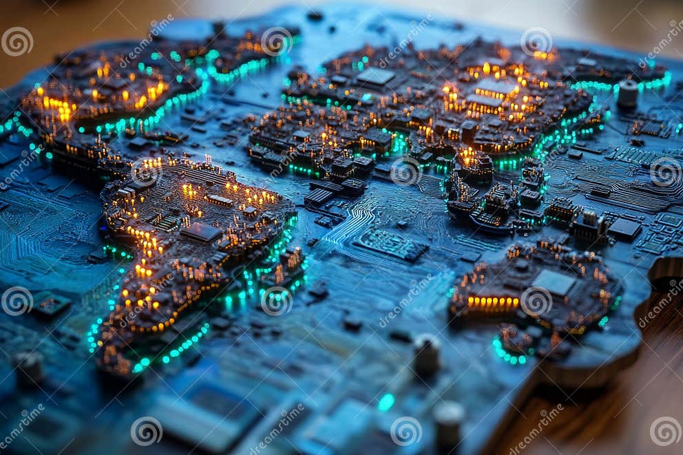 Map of the World Created with Microchips, Showcasing Illuminated ...