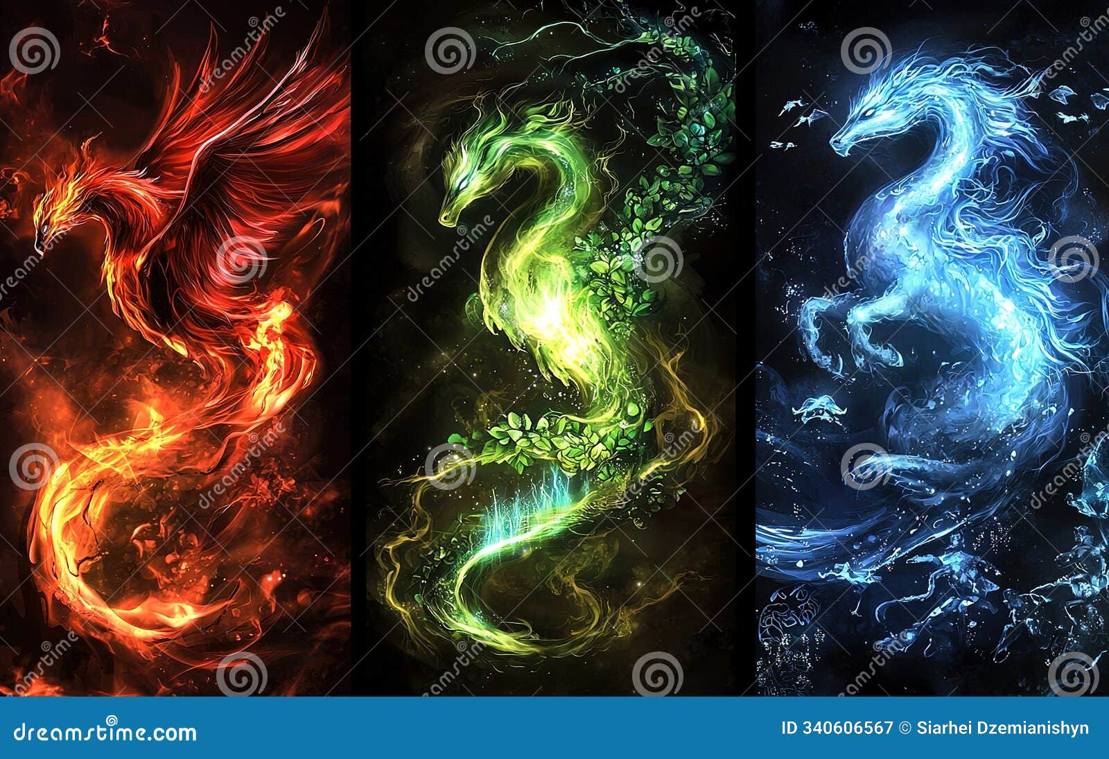 Artwork Featuring Three Magical Creatures Symbolizing Fire, Nature, and ...