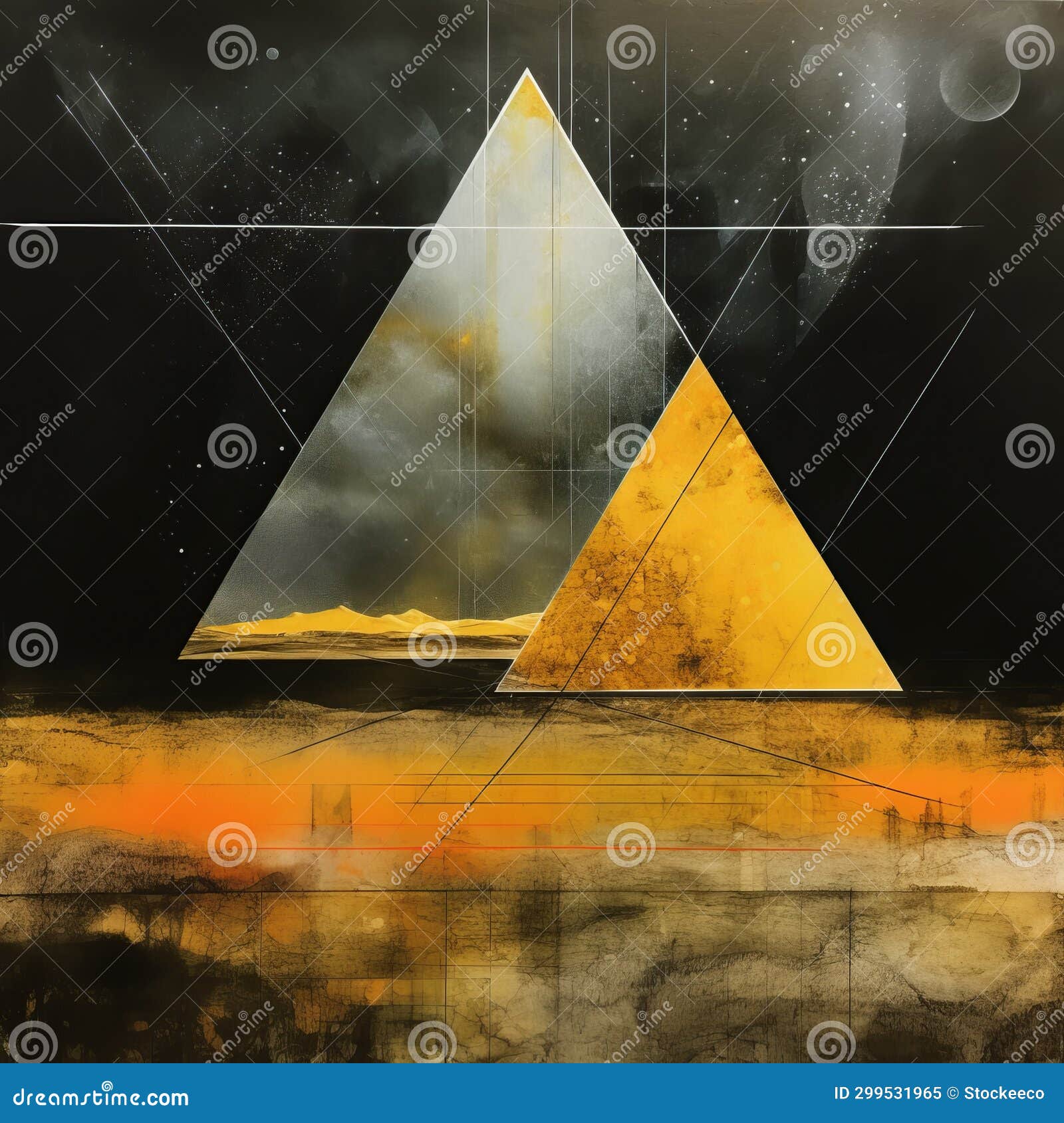 Layered Abstract Painting with Yellow Triangles and Atmospheric ...