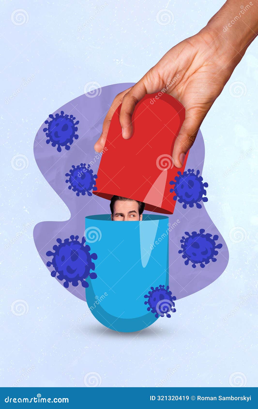 Artwork Image Collage of Funny Young Guy Hiding Virus Bacteria Sitting ...