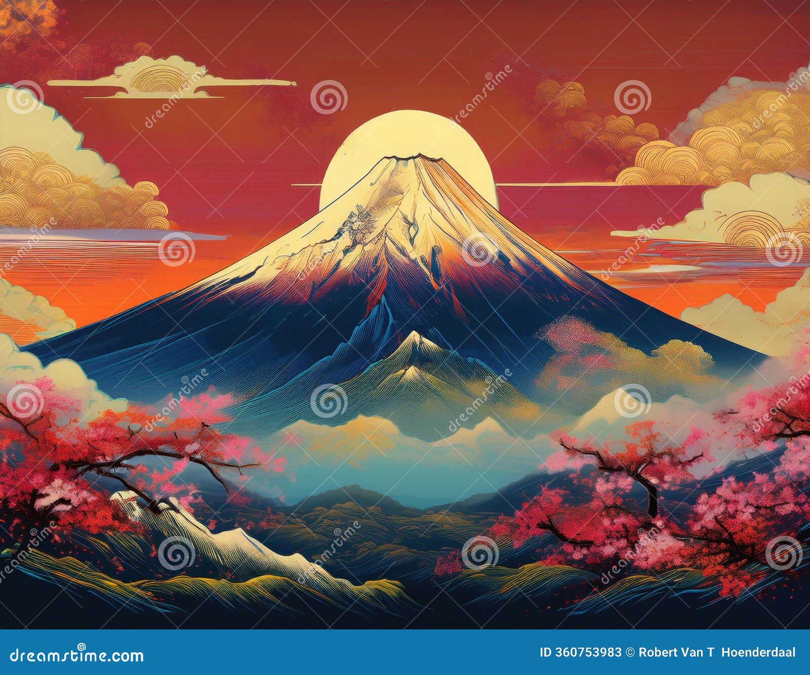 Artwork of Mount Fuji a Red Colors Stock Illustration - Illustration of ...