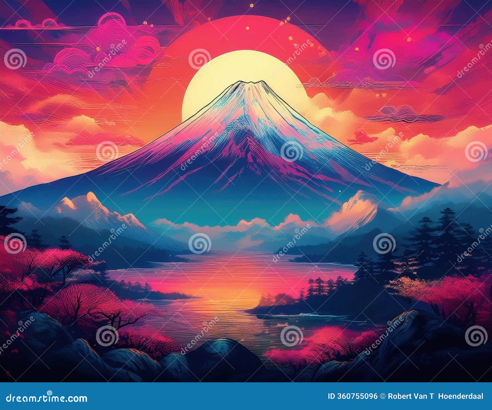 Artwork of Mount Fuji a Red Colors Stock Illustration - Illustration of ...