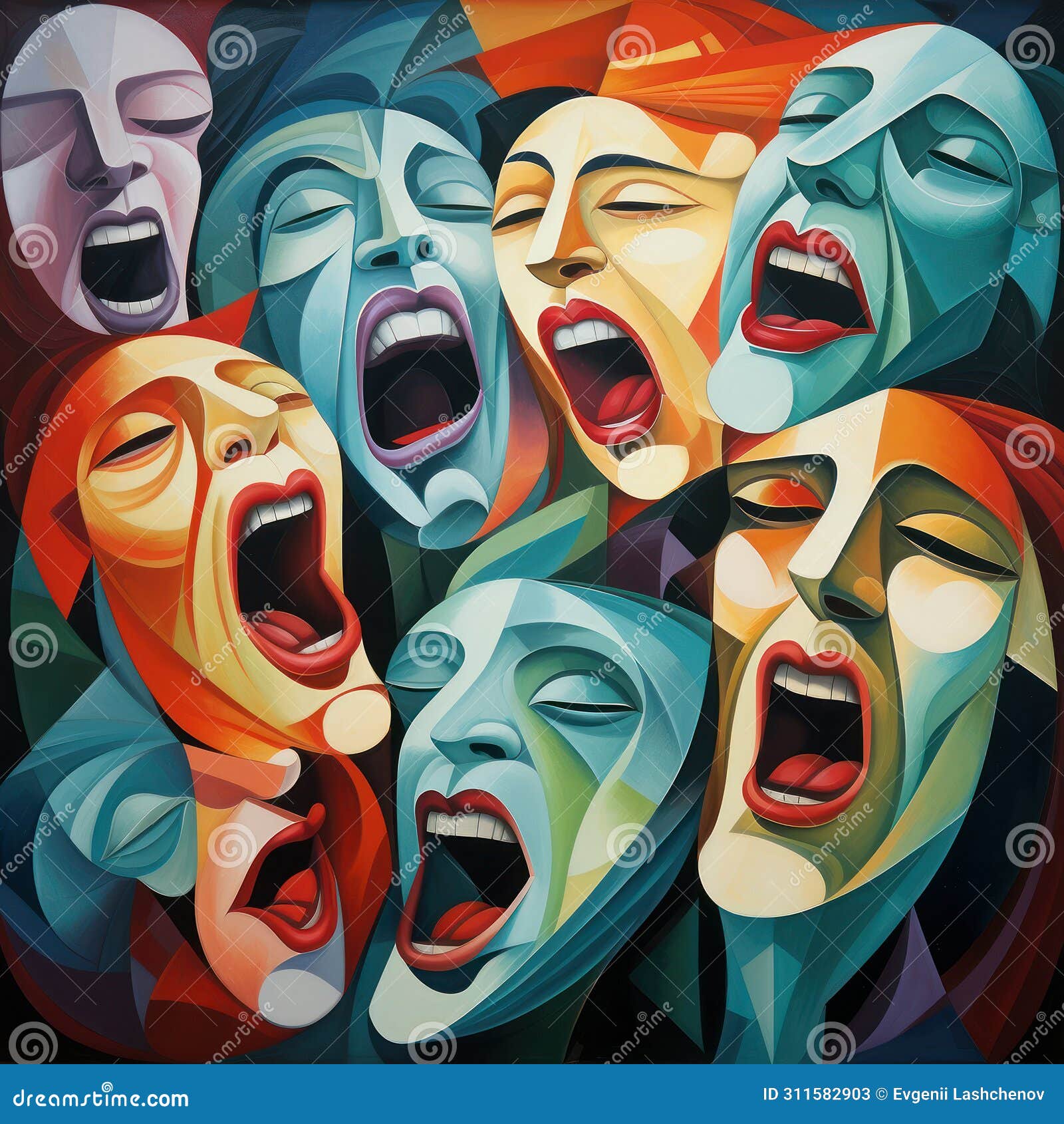 Artwork Portraying a Visual Opera with a Chorus of Vibrant Cubist Faces ...