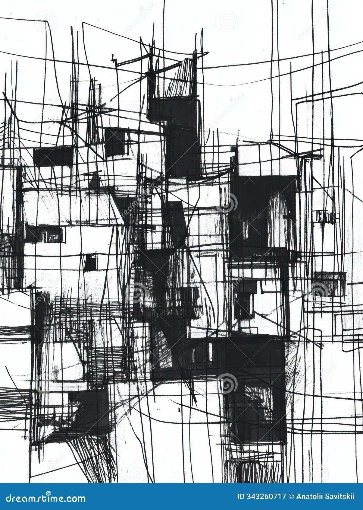 This Artwork Portrays a Complex Urban Landscape Rendered in Black Ink ...