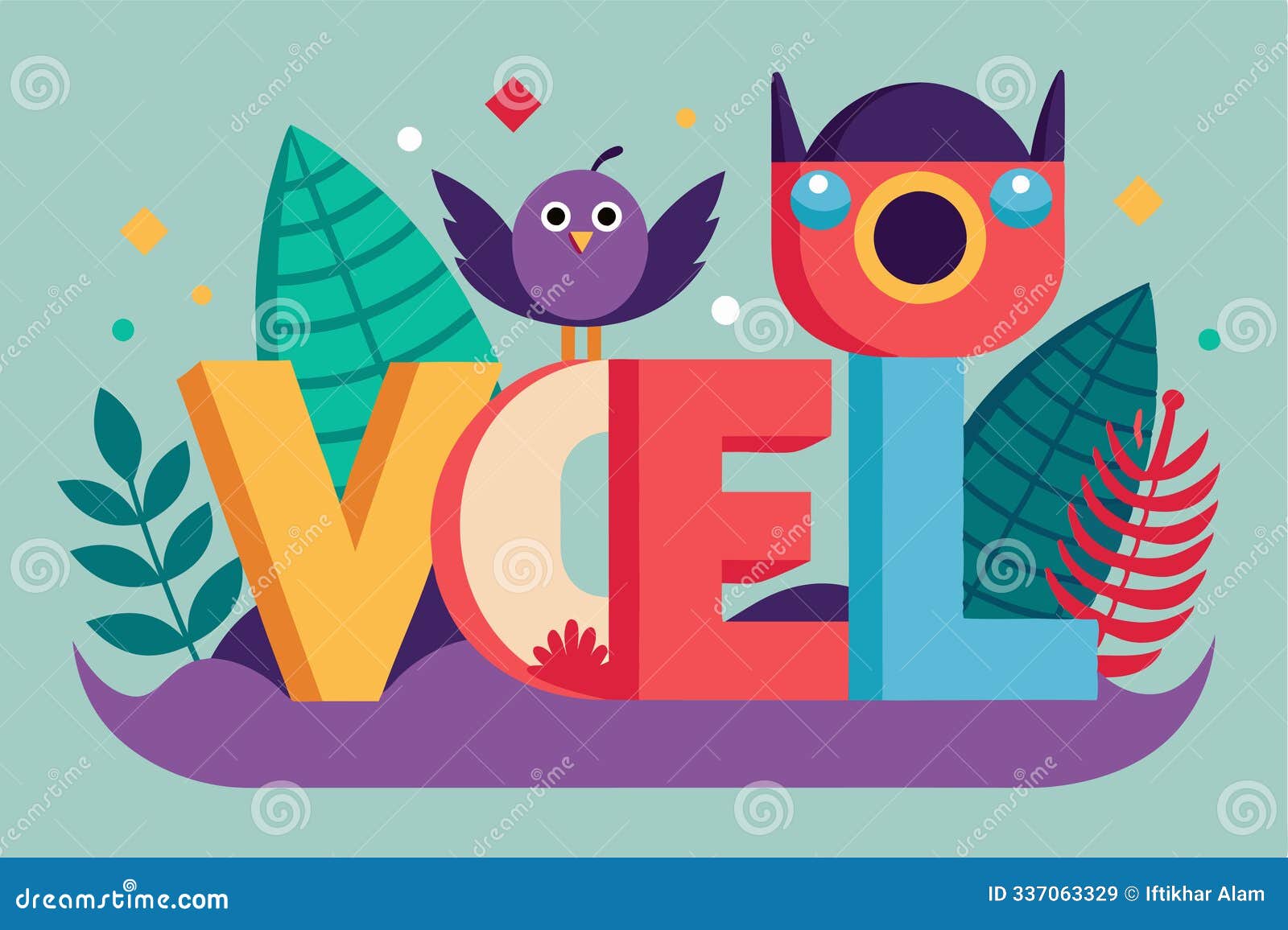 This Artwork Showcases Colorful Vowels with Plants and a Bird, Making a ...