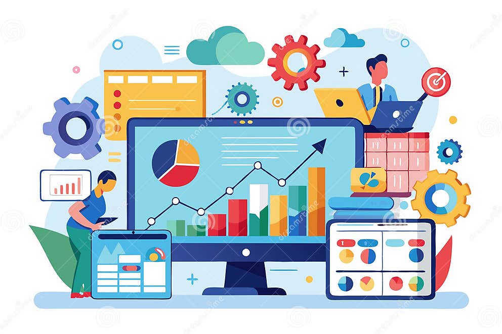 This Artwork Showcases a Vibrant Illustration Focused on Analyzing Data ...