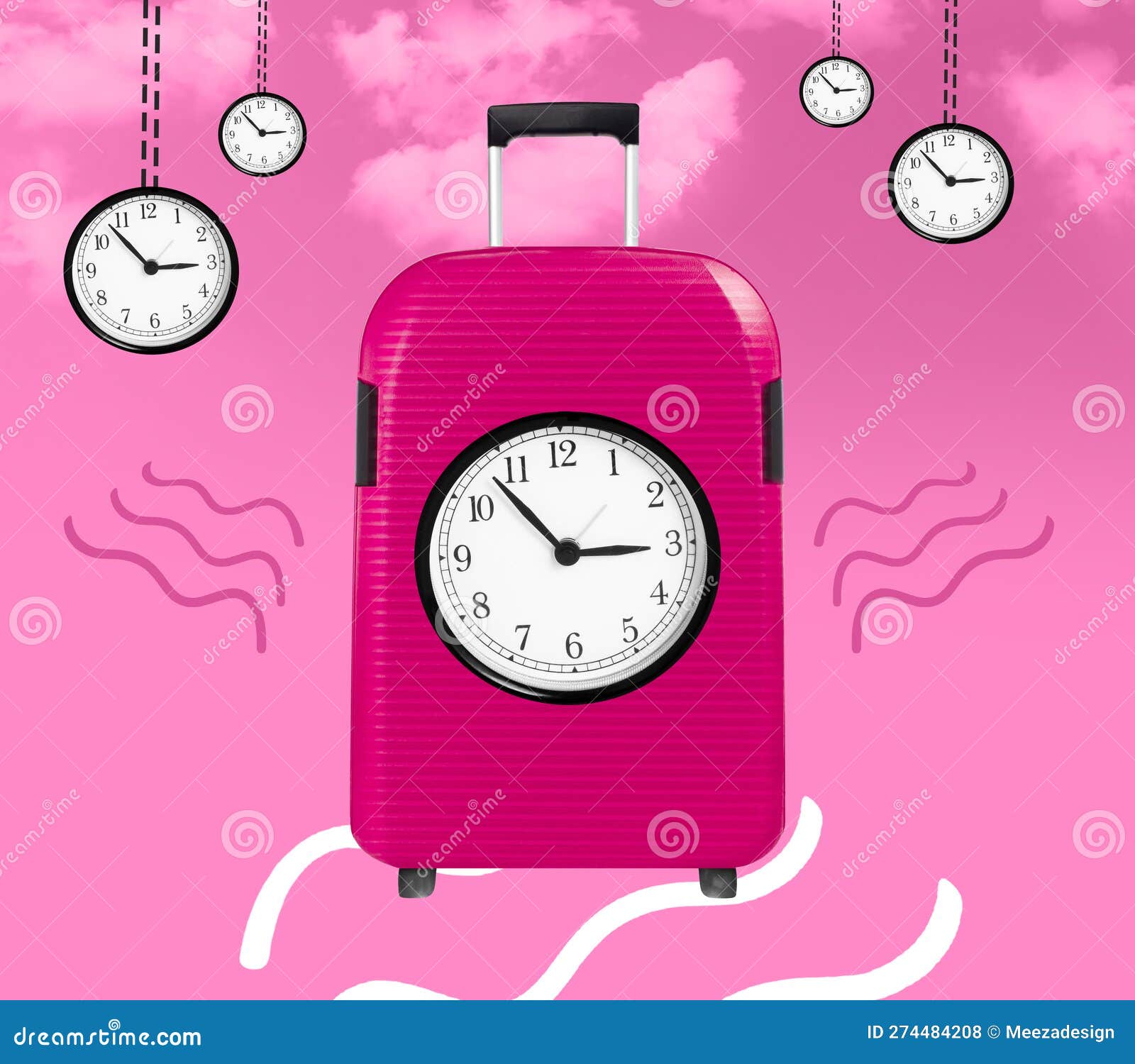 Artwork of Travel Bag Suitcase with Clock on Pink Background Stock ...