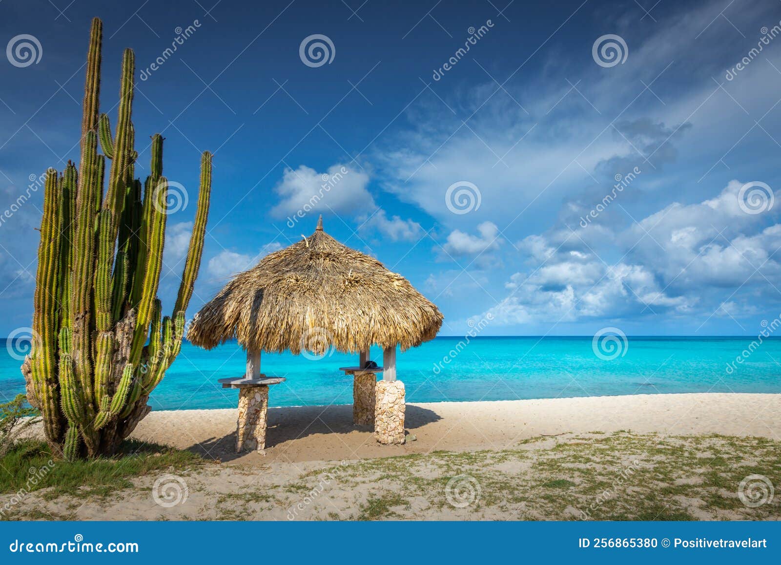 Aruba Idyllic Caribbean Beach At Sunny Day With Rustic Palapa Dutch