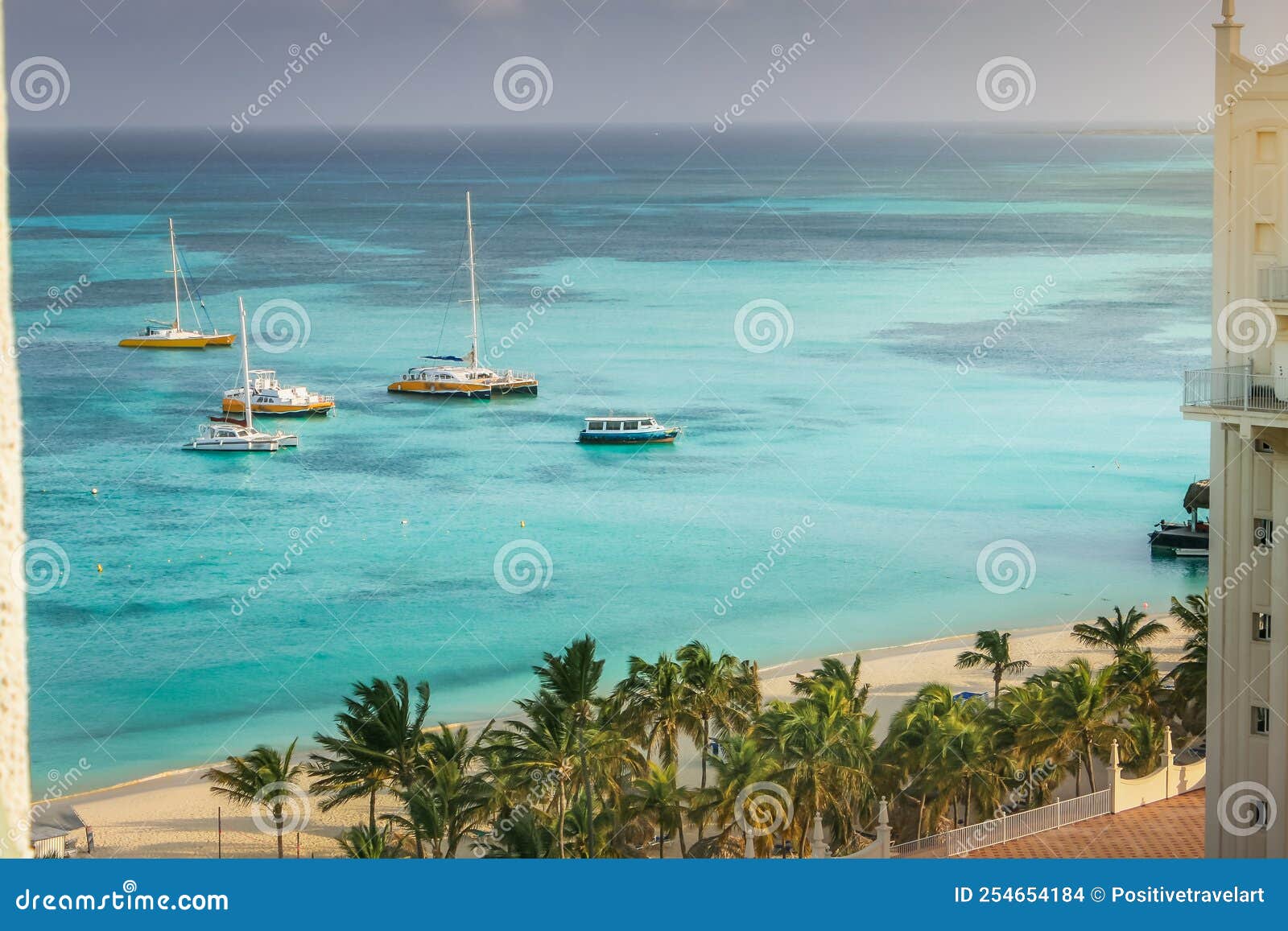 Aruba Idyllic Caribbean Palm Beach At Sunny Day Dutch Antilles