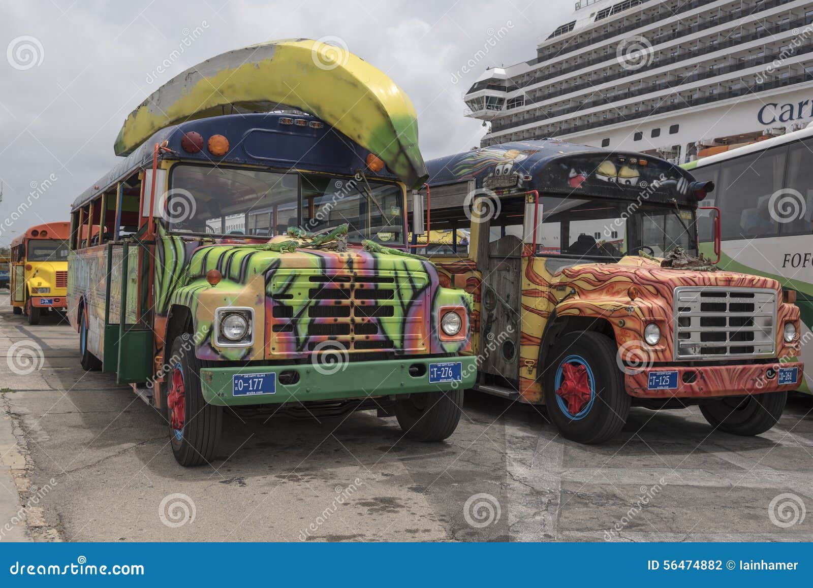Aruban excursion buses editorial photography. Image of colours - 56474882