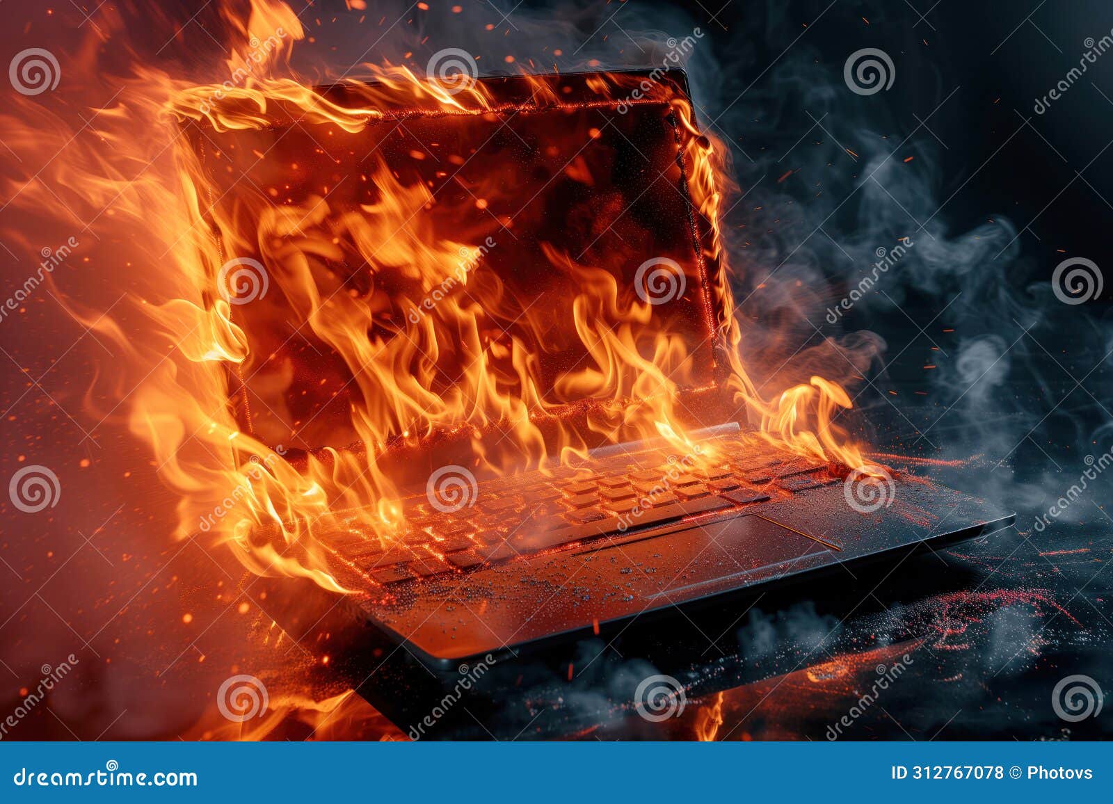 As a Result of Battery Damage, Laptop Computer is on Fire Stock Photo ...