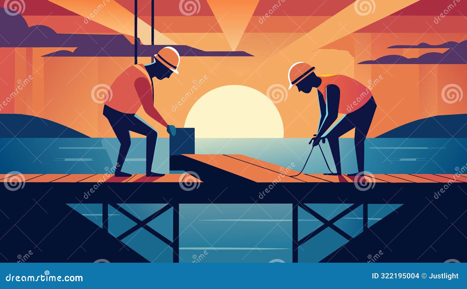 As the Sun Sets in the Background Workers on the Floating Platform Can ...