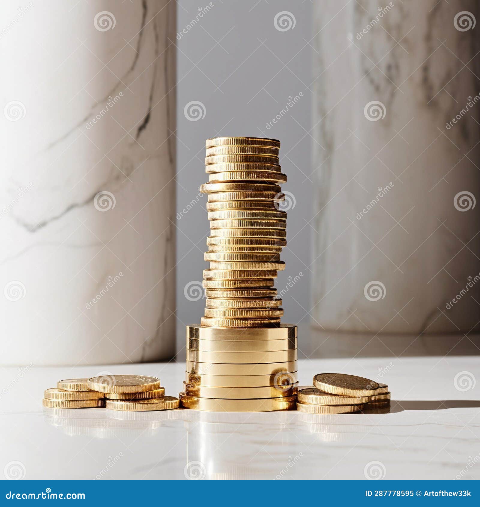 Ascending Wealth: Abstract Stack of Gold Coins on Polished Marble Floor ...