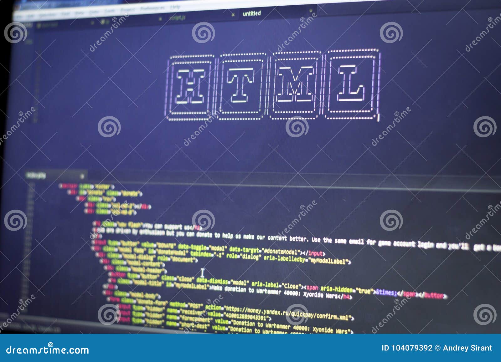ASCII Art of HTML Technology Name and Real HTML Code Aside Editorial ...