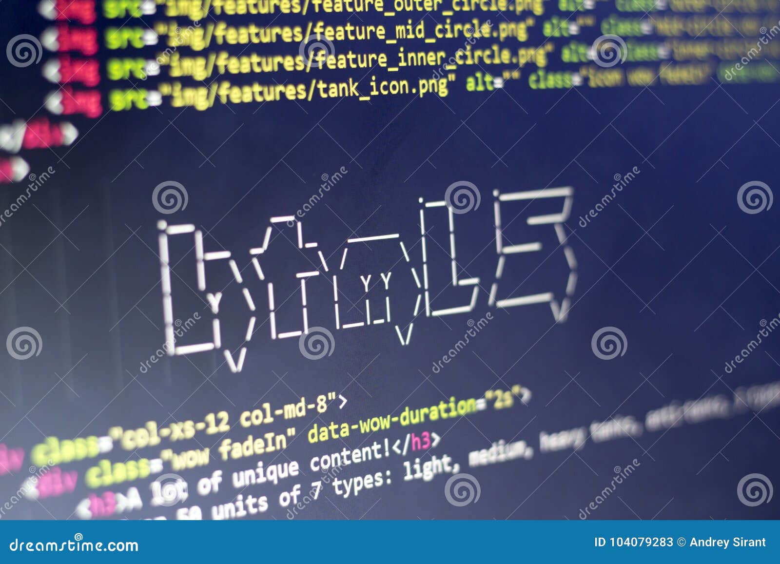ASCII Art of HTML Technology Name and Real HTML Code Aside Editorial ...