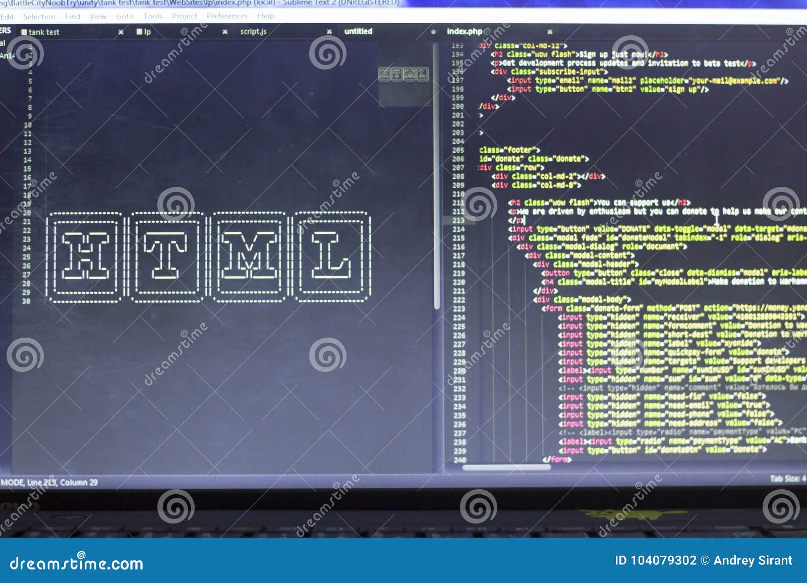 ASCII Art of HTML Technology Name and Real HTML Code Aside Editorial ...