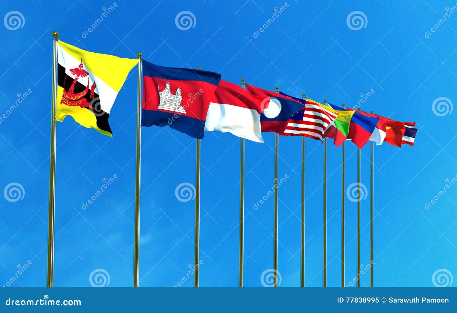 Asean Economic Community Flags on the Blue Sky Background. 3D ...