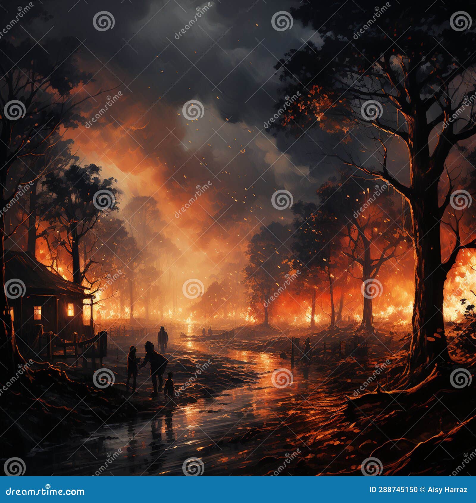 Horror Spooky Burning Forest Under the Full Moonlight. Stock ...